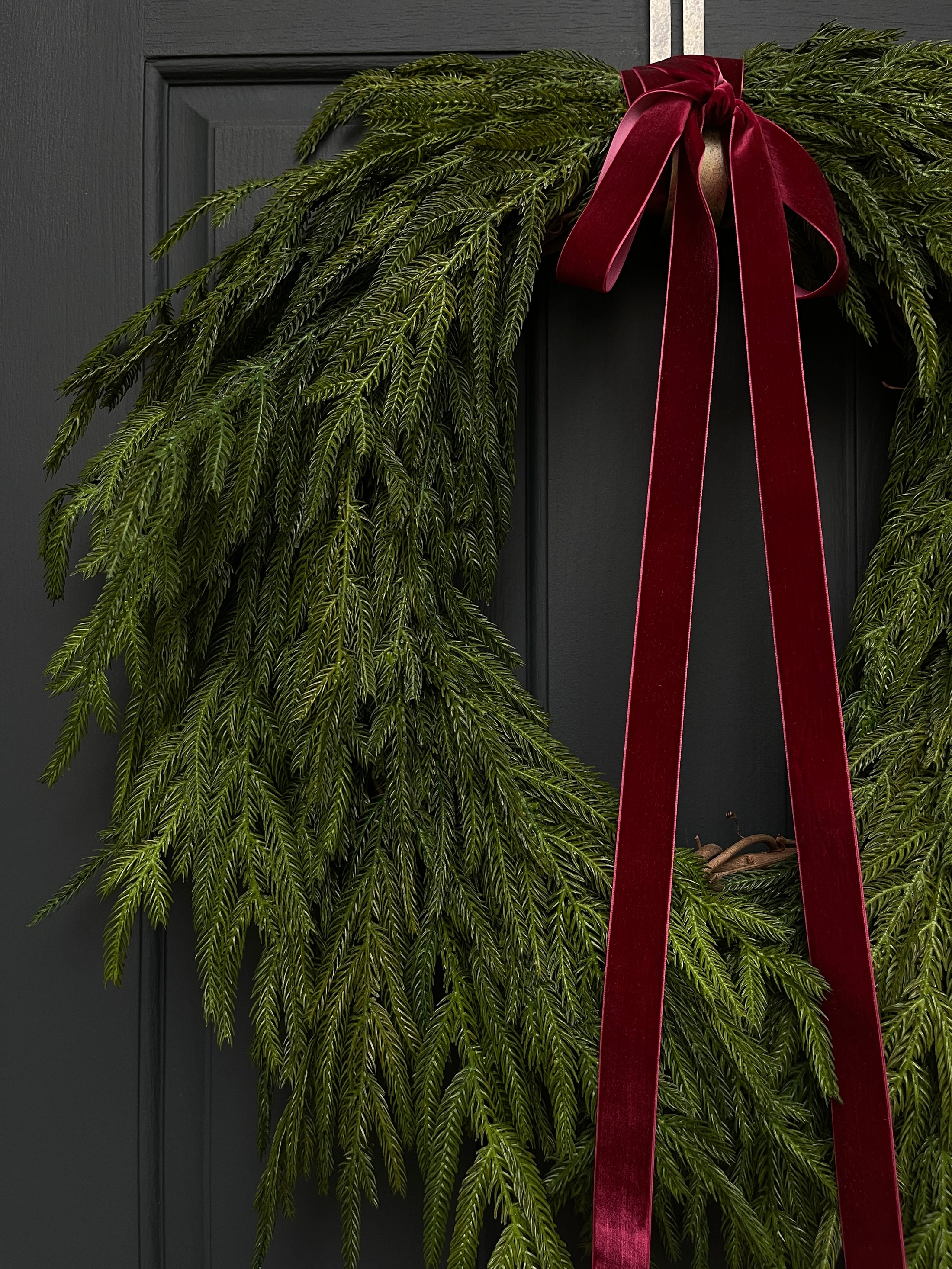Faux Norfolk Pine Wreath with Red Velvet Bow – Darling Grape